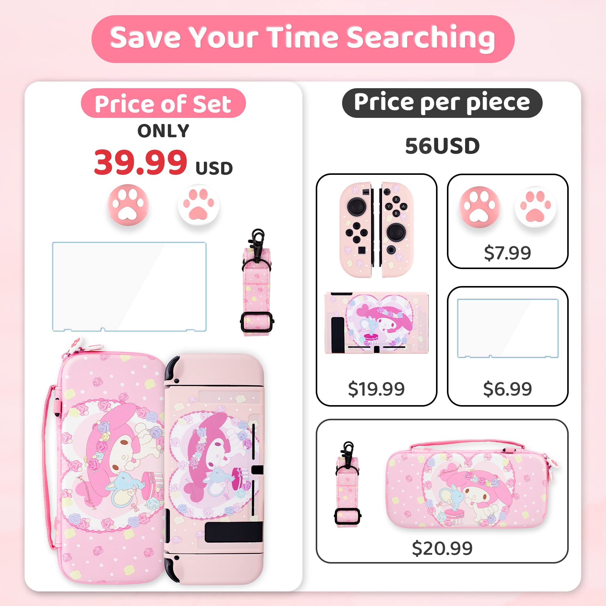 FUNDIARY Pink Bunny Theme Carrying Case for Nintendo Switch, Cute Storage Bag Accessories Bundle for Switch with TPU Protective Cover, Screen Protector, Adjustable Shoulder Strap and 2 Thumb Grips