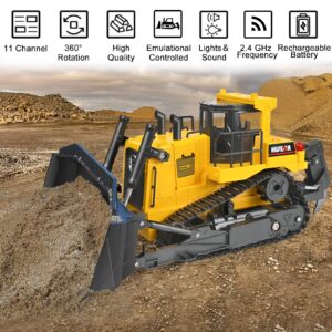 11 Channel Remote Control Bulldozer, 1/16 Scale 2.4Ghz Full Functional Construction Vehicle, Rc Bulldozer Toys with Lights and Sounds for 6 7 8 9 10+ Years Old