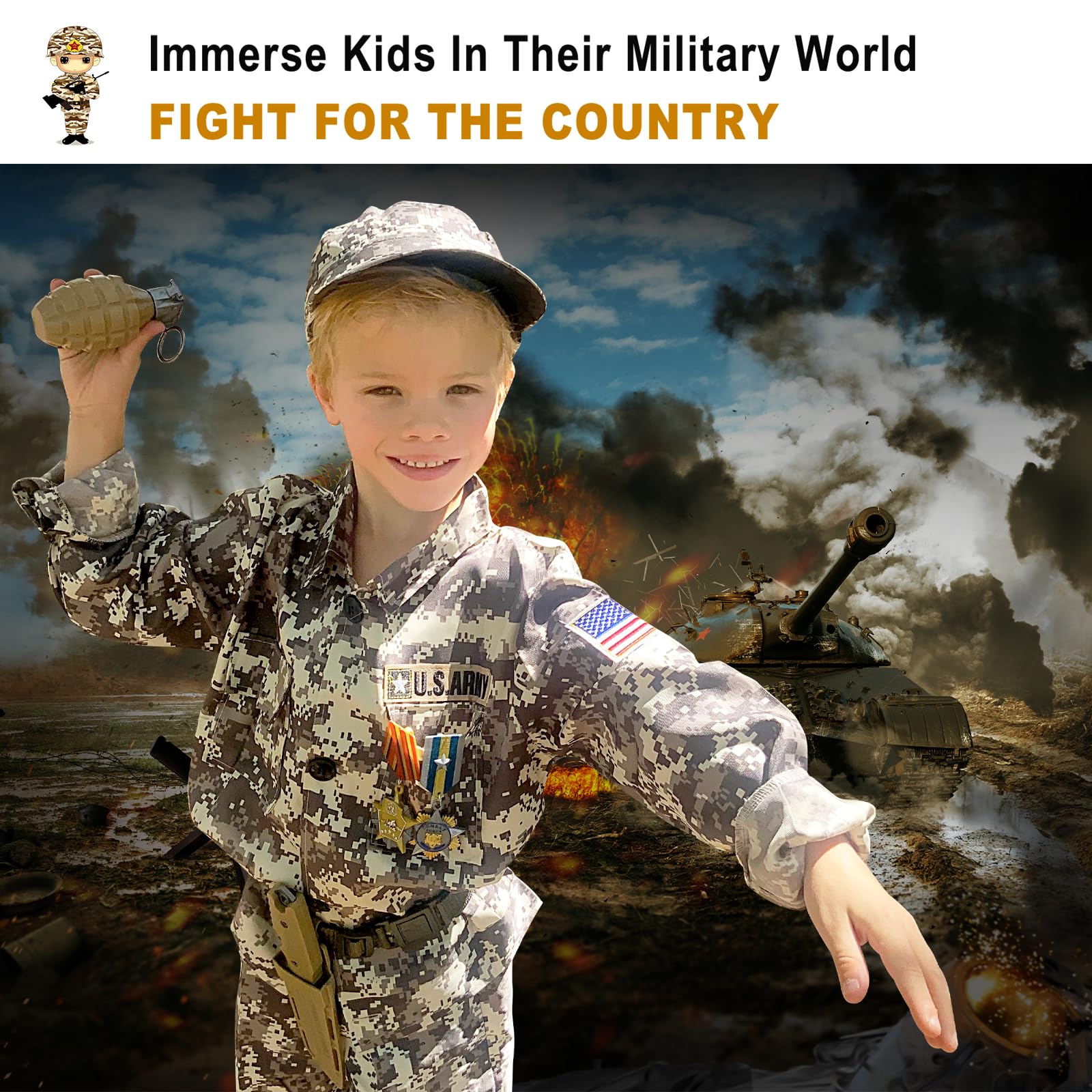 INNOCHEER Army Costume for Kids, Halloween Costumes for Boys Kids, Boys Military Soldier Costume for Boy Kids Age 3-6-8-10-12