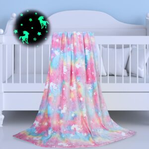 cozwiv glow in the dark blanket for 1-10 year old girl birthday ideas cool unicorns gifts for age 1 2 3 4 5 6 7 8 9 10 year surprise toys for kids toddler blanket 50”x60”