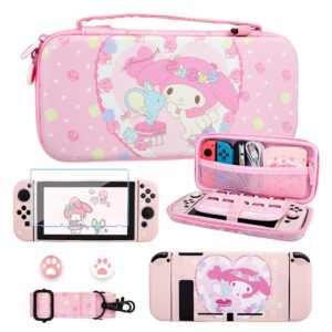 fundiary pink bunny theme carrying case for nintendo switch, cute storage bag accessories bundle for switch with tpu protective cover, screen protector, adjustable shoulder strap and 2 thumb grips