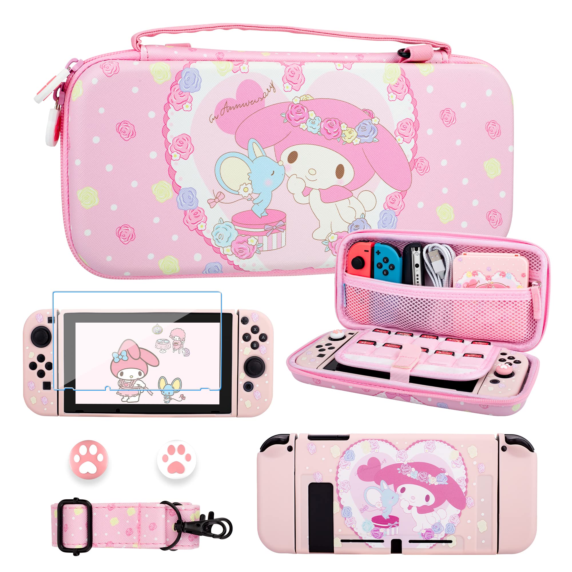 FUNDIARY Pink Bunny Theme Carrying Case for Nintendo Switch, Cute Storage Bag Accessories Bundle for Switch with TPU Protective Cover, Screen Protector, Adjustable Shoulder Strap and 2 Thumb Grips