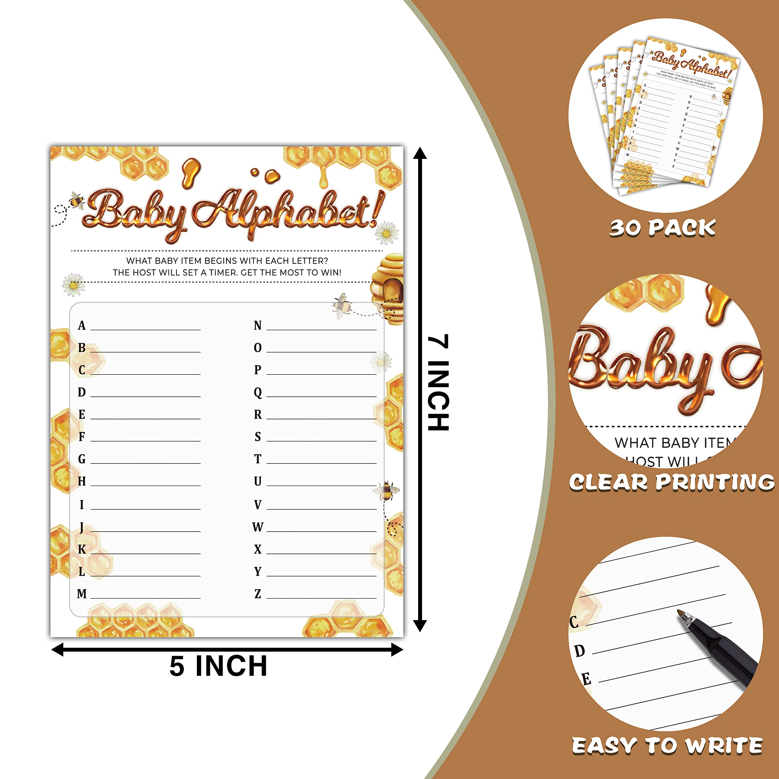 Baby Shower Game Set - Baby Alphabet Game Cards for Gender Reveal Party - Bumble Bee Baby Shower Games & Activities - Honey Honeycomb Party Favor Decoration for Men and Women - 30 Game Cards(F19)