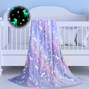 cozwiv glow in the dark blanket for 1-10 year old girl birthday gifts ideas cool purple unicorns gifts for age 1 2 3 4 5 6 7 8 9 10 year old girls surprise toys for girls kids toddler blanket 50”x60”