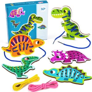 atoylink 5 pack dinosaur lacing cards wooden threading lacing toy for toddlers travel toys preschool games fine motor skills educational toys for 3+ year old kids gifts