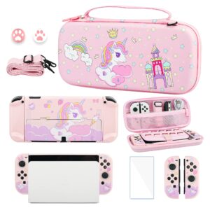 gldram carrying case compatible with nintendo switch oled cover, pink unicorn case bundle with travel case, hard pc shell, screen protector, thumb caps, shoulder strap, cute accessories kit for girls