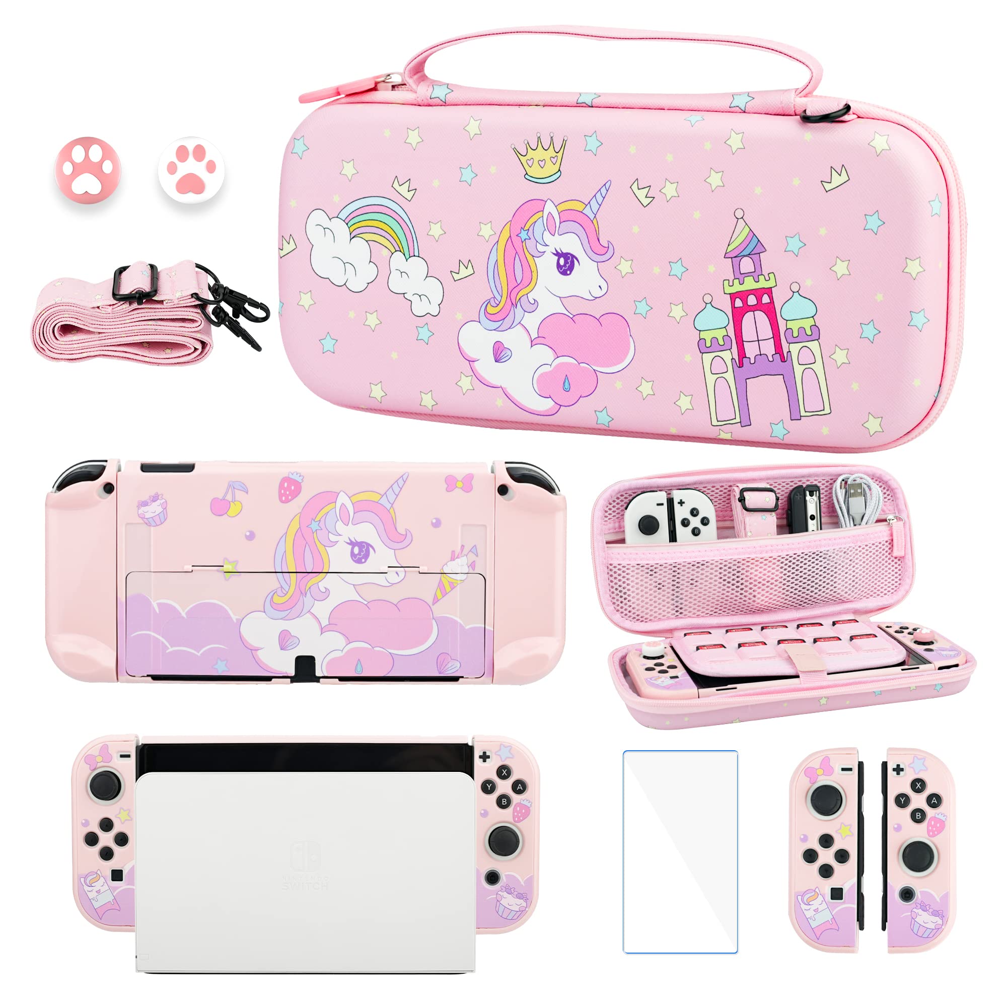 GLDRAM Carrying Case Compatible with Nintendo Switch OLED Cover, Pink Unicorn Case Bundle with Travel Case, Hard PC Shell, Screen Protector, Thumb Caps, Shoulder Strap, Cute Accessories Kit for Girls