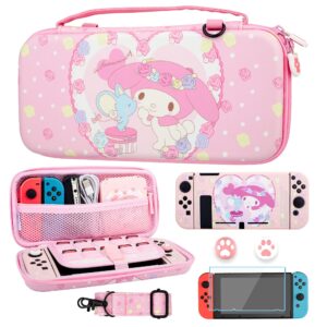 gldram pink carrying case for nintendo switch, cute anime accessories bundle for cute girl with switch travel storage, soft tpu cover shell, screen protector, thumb caps, shoulder strap for girls