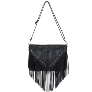 iamuhi casual rivets fringed shoulder handbag for women/girls,soft vegan leather hippie crossbody purse bag black