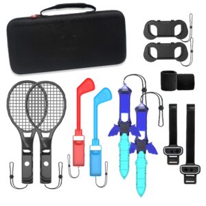 for nintendo switch sports 13in1 games accessories bundle kit, for mario golf clubs / tennis games party wtih portable hand bag, soccer leg strap / racket, family / children / adult gift kit