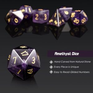 DNDND Amethyst Crystal DND Dice Set 7 PCS Gemstone D&D Dice with Grogeous Gift Case for Dungeons and Dragon Tabletop Game (Amethyst)