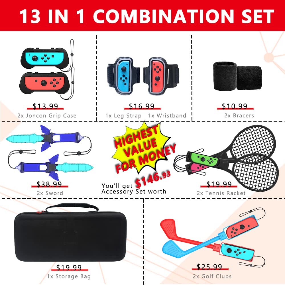 for Nintendo Switch Sports 13in1 Games Accessories Bundle Kit, for Mario Golf Clubs / Tennis Games Party wtih Portable Hand Bag, Soccer Leg Strap / Racket, Family / Children / Adult Gift Kit