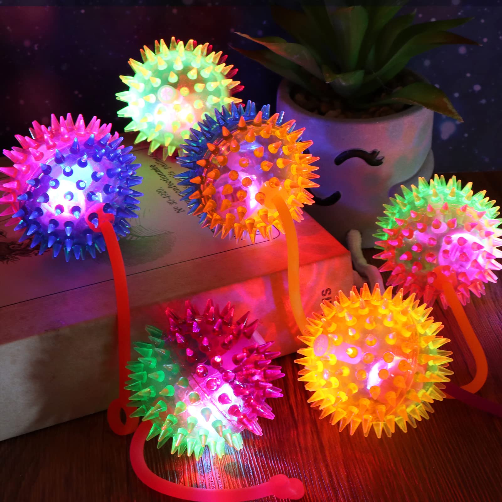 Haerbao 24 Pieces Light Up Bouncy Ball Light up Spike Rubber Ball Sensory Toy Flashing Spiky Sensory Stress Balls for Party Favors Student Gifts School Rewards(Corded)