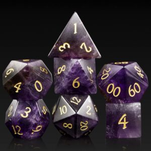 dndnd amethyst crystal dnd dice set 7 pcs gemstone d&d dice with grogeous gift case for dungeons and dragon tabletop game (amethyst)