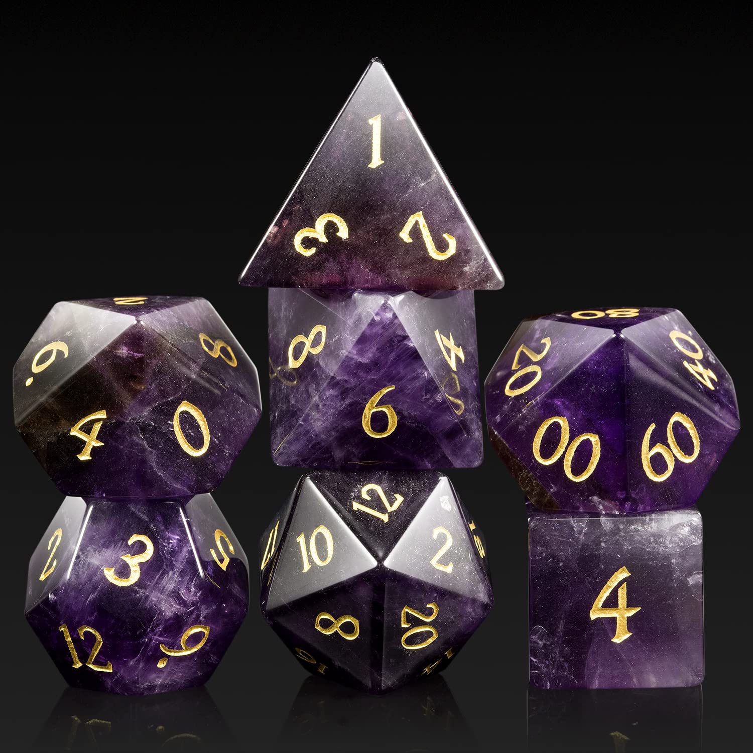 DNDND Amethyst Crystal DND Dice Set 7 PCS Gemstone D&D Dice with Grogeous Gift Case for Dungeons and Dragon Tabletop Game (Amethyst)