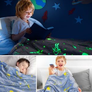 Glow in The Dark Blanket Space Gifts for Boys - Glowing Star Astronaut Spaceship Rocket Planet Soft Plush Galaxy Throw Blanket Gift Ideas for Kids Teens Girls Boy Birthday Christmas 50" x 60"