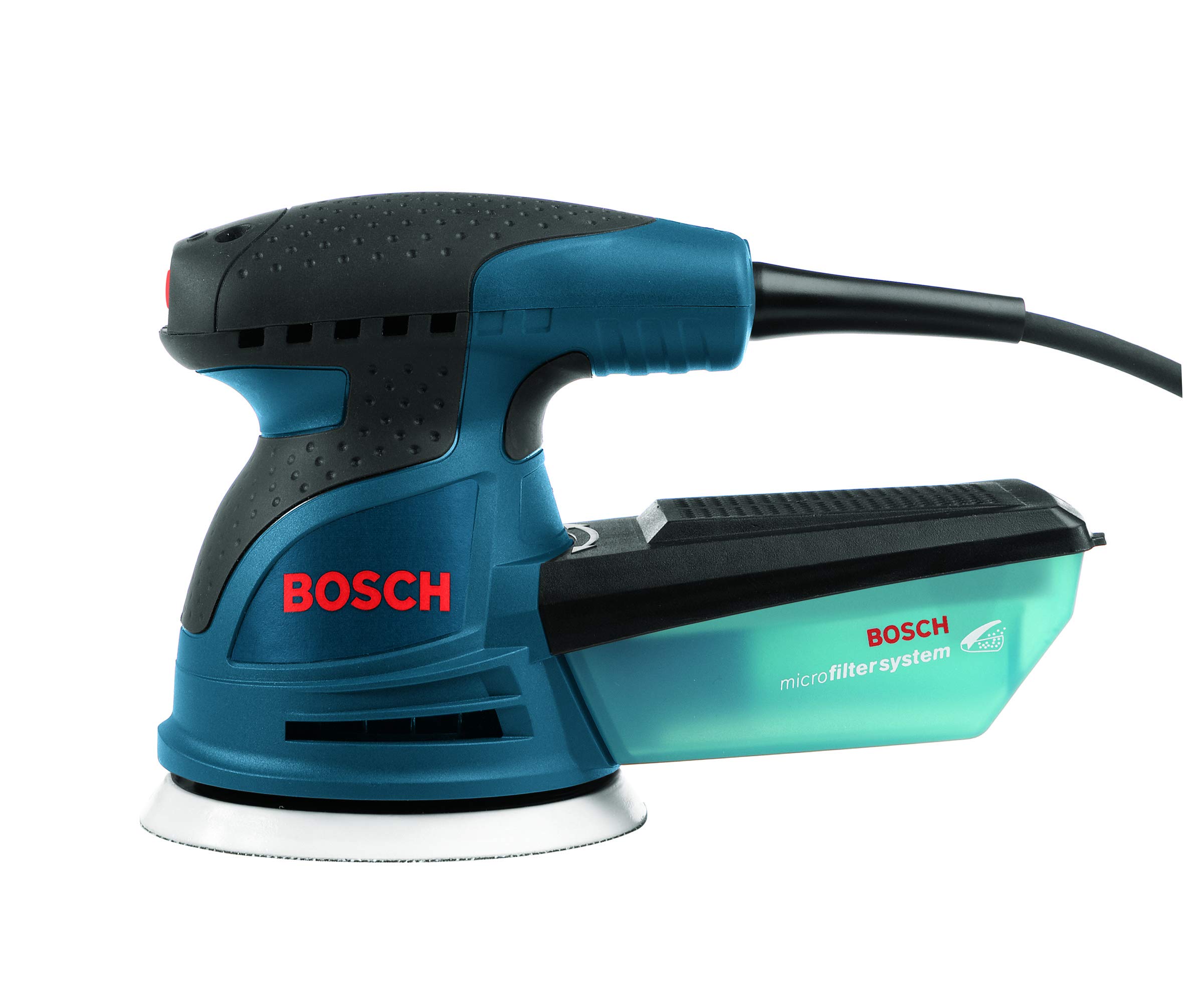 BOSCH ROS10 120 Volt Random Orbit Sander, Blue, 5&BOSCH SR5R000 6-Piece Assortment 5 In. 8 Hole Hook-And-Loop Sanding Discs