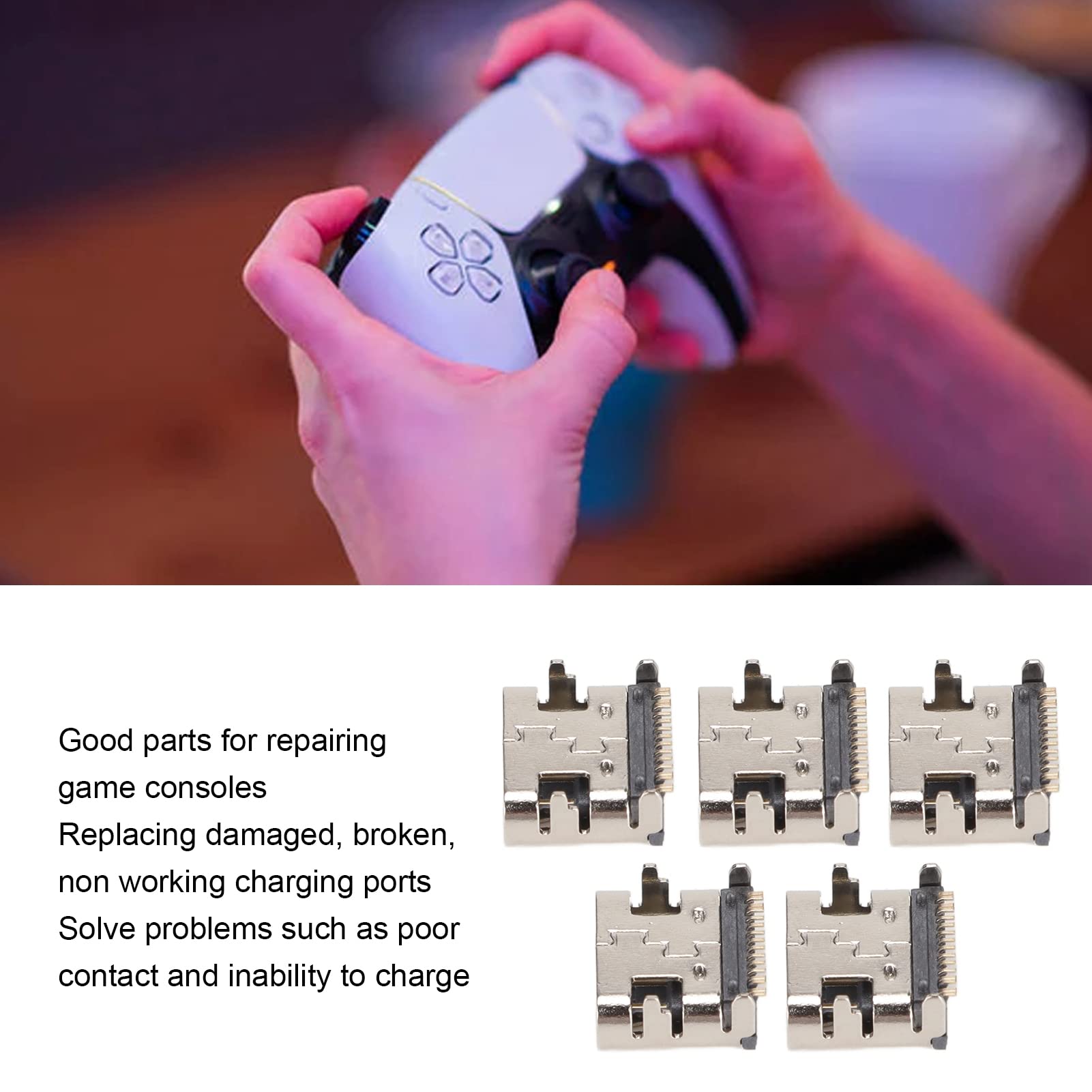 5PCs Replacement Charging Port Assembly for PS5 Controller, Repair Part USB C Adaptor Charger Socket