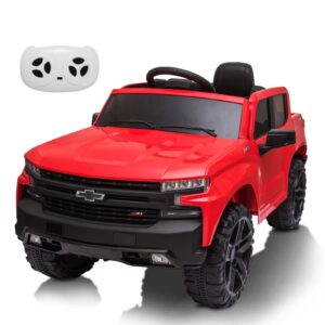 kids ride on car with remote control, 12v powered wheels licensed chevrolet silverado gmc ride on toddler electric vehicles for 3-8 years, mp3,fm, spring suspension, led light,red