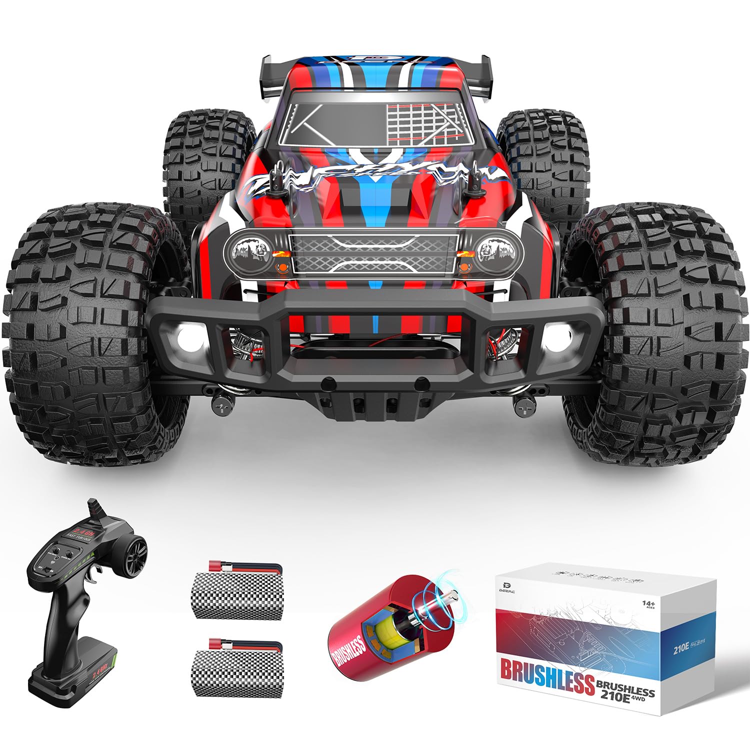 DEERC 1:10 Large Brushless RC Car for Adults, 3S 4X4 High Speed Monster Truck, 60+ KMH, All Terrain 2.4Ghz Hobby Electric RC Truck, Off-Road Remote Control Vehicle, 40+min, RC Crawler for Boys