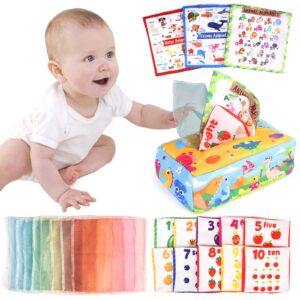 joyfia tissue box toy, montessori toys for babies 0-12 months, soft high contrast crinkle cloth sensory toys, toddlers infants early learning developmental gifts for 1+ year old boys girls kids