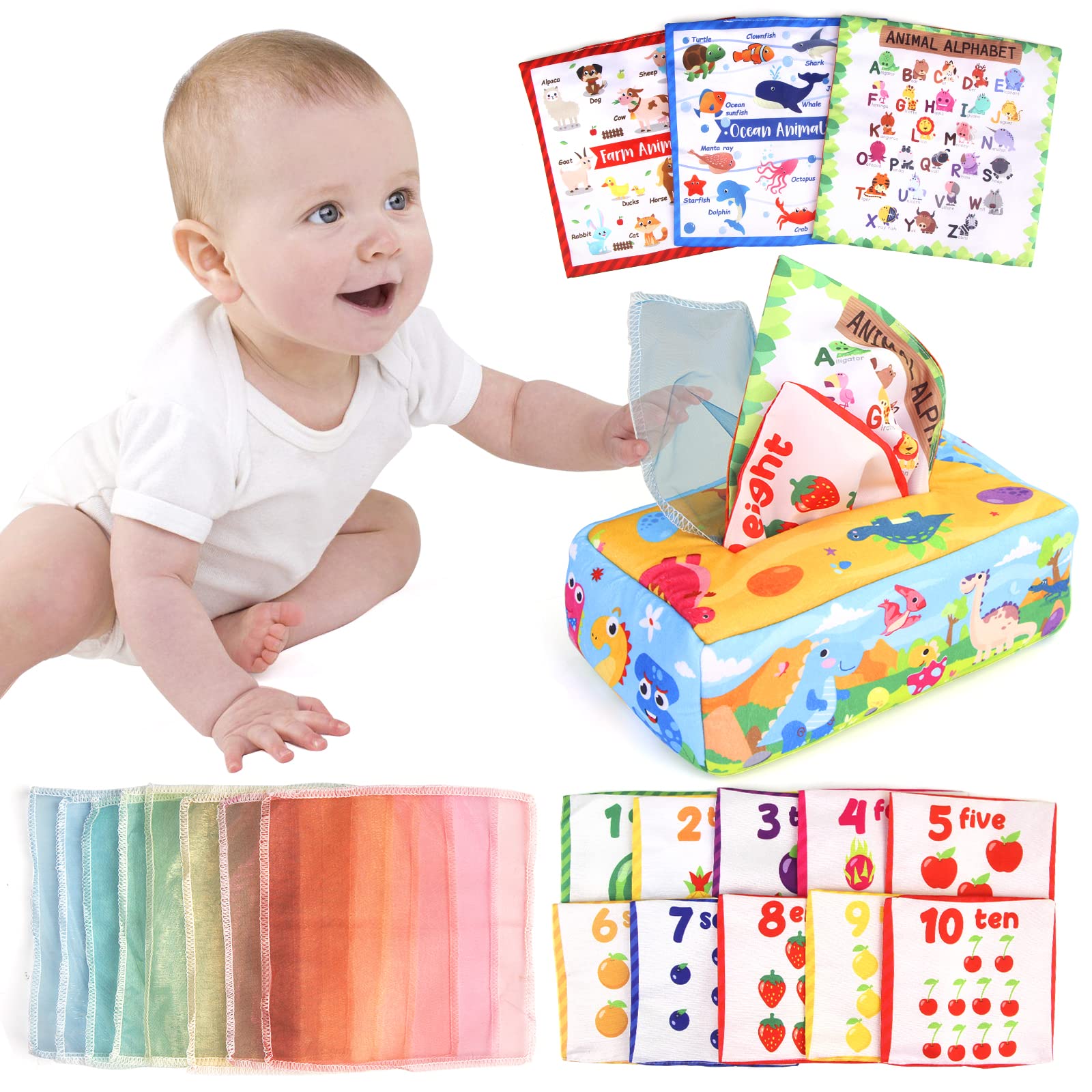 Joyfia Tissue Box Toy, Montessori Toys for Babies 0-12 Months, Soft High Contrast Crinkle Cloth Sensory Toys, Toddlers Infants Early Learning Developmental Gifts for 1+ Year Old Boys Girls Kids