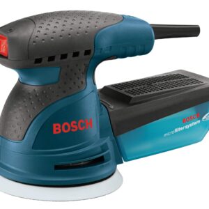 BOSCH ROS10 120 Volt Random Orbit Sander, Blue, 5&BOSCH SR5R000 6-Piece Assortment 5 In. 8 Hole Hook-And-Loop Sanding Discs