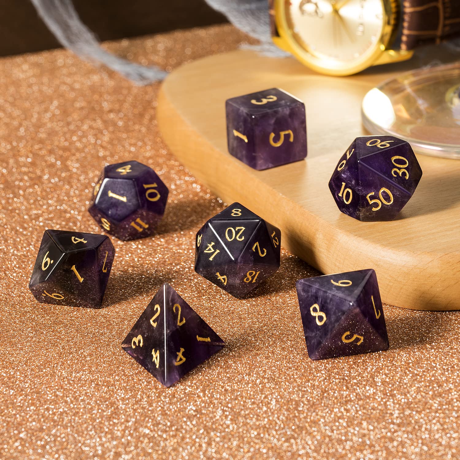 DNDND Amethyst Crystal DND Dice Set 7 PCS Gemstone D&D Dice with Grogeous Gift Case for Dungeons and Dragon Tabletop Game (Amethyst)