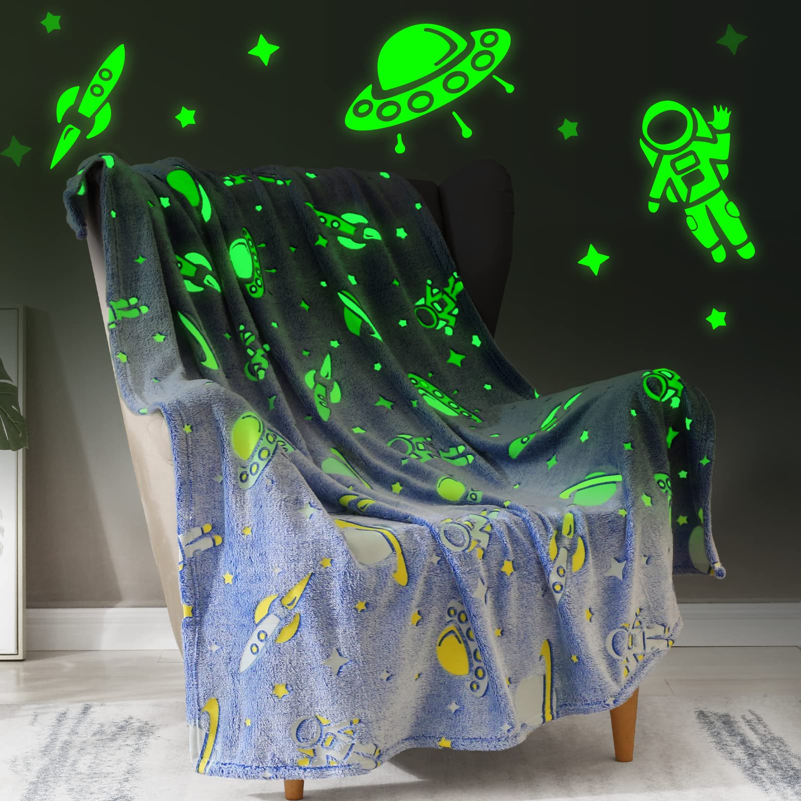 Glow in The Dark Blanket Space Gifts for Boys - Glowing Star Astronaut Spaceship Rocket Planet Soft Plush Galaxy Throw Blanket Gift Ideas for Kids Teens Girls Boy Birthday Christmas 50" x 60"