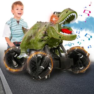 kunisjoy 2.4g dinosaur remote control car,dinosaur monster trucks for boys with music light spray mist.dinosaur toys for kids, birthday gift for 3 4 5 6 7 8 year olds boys girl