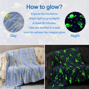 Glow in The Dark Blanket Space Gifts for Boys - Glowing Star Astronaut Spaceship Rocket Planet Soft Plush Galaxy Throw Blanket Gift Ideas for Kids Teens Girls Boy Birthday Christmas 50" x 60"