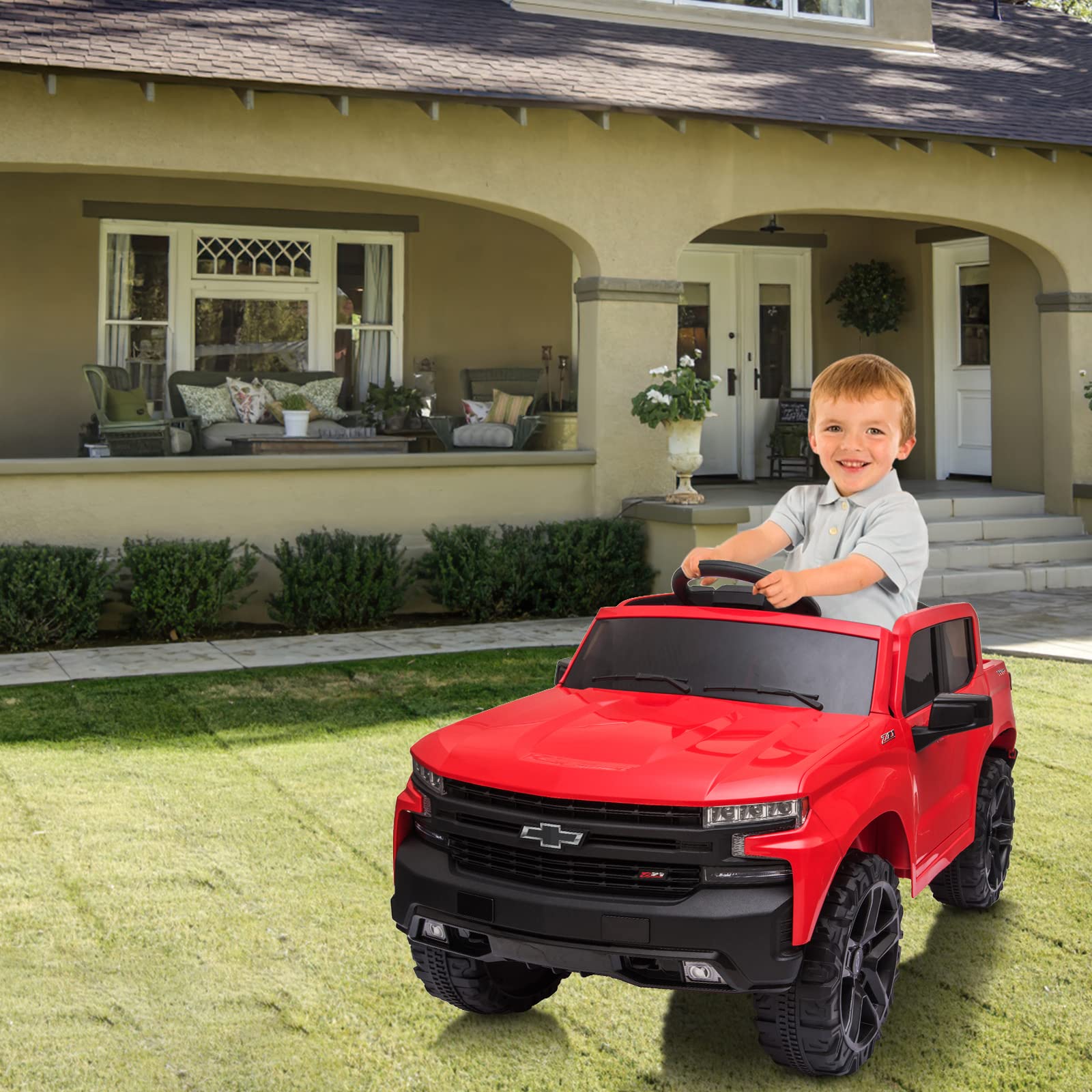 Kids Ride on Car with Remote Control, 12V Powered Wheels Licensed Chevrolet Silverado GMC Ride On Toddler Electric Vehicles for 3-8 Years, MP3,FM, Spring Suspension, LED Light,Red