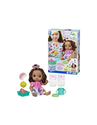 Baby Alive Fruity Sips Doll, Lemon, Toys for 3 Year Old Girls, 12-inch Baby Doll Set, Drinks & Wets, Pretend Juicer, Kids 3 and Up, Brown Hair