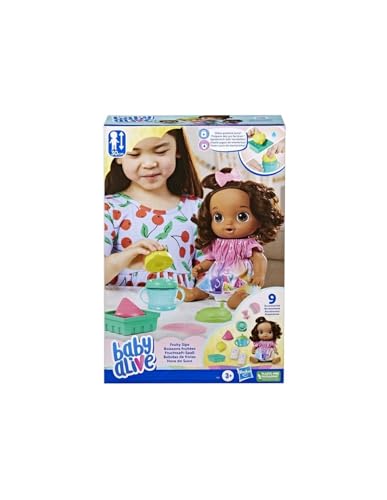 Baby Alive Fruity Sips Doll, Lemon, Toys for 3 Year Old Girls, 12-inch Baby Doll Set, Drinks & Wets, Pretend Juicer, Kids 3 and Up, Brown Hair