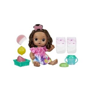 Baby Alive Fruity Sips Doll, Lemon, Toys for 3 Year Old Girls, 12-inch Baby Doll Set, Drinks & Wets, Pretend Juicer, Kids 3 and Up, Brown Hair