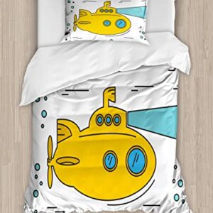 Ambesonne Yellow Submarine Duvet Cover Sets, Ocean Nautical Adventure Underwater Bubbles Porthole Cartoon, Bedding Set with 2 Duvet Covers & 4 Pillowcases, 2 Pack Queen Size, White Yellow Blue