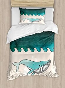 ambesonne whale duvet cover sets, fish swimming in the ocean pattern underwater submarine illustration, bedding set with 2 duvet covers 4 pillowcases, 2 pack cal king size, petrol blue turquoise