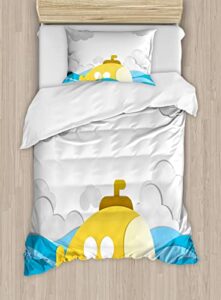 ambesonne yellow submarine duvet cover sets, submarine over the wavy sea and the clouds in the sky image print, bedding set with 2 duvet covers & 4 pillowcases, 2 pack queen size, mustard and blue