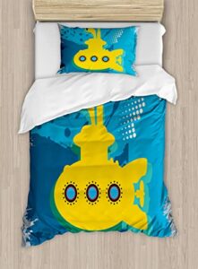 ambesonne yellow submarine duvet cover sets, illustration of a submarine bubbles under the sea print, bedding set with 2 duvet covers & 4 pillowcases, 2 pack queen size, mustard and petrol blue