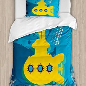 Ambesonne Yellow Submarine Duvet Cover Sets, Illustration of a Submarine Bubbles Under The Sea Print, Bedding Set with 2 Duvet Covers & 4 Pillowcases, 2 Pack Queen Size, Mustard and Petrol Blue