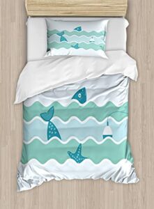 ambesonne fishing duvet cover sets, fish tail and starfish swimming in flat waves submarine comical illustration nature, bedding set with 2 duvet covers 4 pillowcases, 2 pack cal king size, pale blue