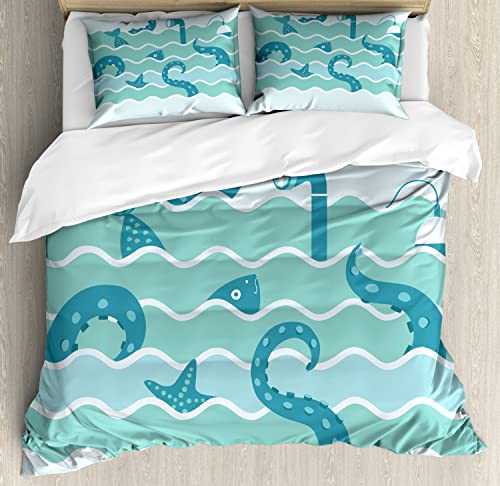 Lunarable Nautical Duvet Cover Sets, Octopus Tentacles Fish Starfish and Submarine Periscope Waves, Bedding Set with 2 Duvet Covers 4 Pillowcases, 2 Pack Cal King Size, Pale Blue Petrol Blue