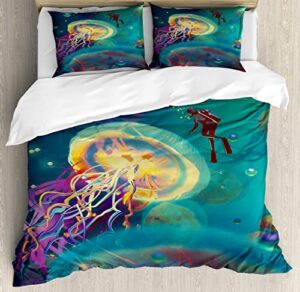 ambesonne fantasy duvet cover sets, giant jellyfish and diver in the sea underwater submarine aquatic art print, bedding set with 2 duvet covers 4 pillowcases, 2 pack cal king size, teal purple