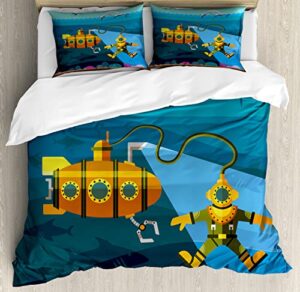 ambesonne yellow submarine duvet cover sets, submarinend diver jumping dolphins illustration print, bedding set with 2 duvet covers & 4 pillowcases, 2 pack queen size, petrol blue and ginger