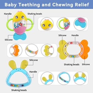 MOONTOY Baby Rattles Teether Set Toys for 0 1 2 3 4 5 6 7 8 9 10 11 12 Month Old Baby Boy Girl, 9PCS Baby Toys Sensory Toys Early Development Newborn Birthday Gifts Infant Toys 0-3-6-12 Month