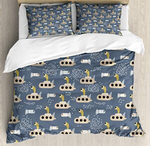 ambesonne cartoon duvet cover sets, style submarines fringe tailed finless one-eyed fishes, bedding set with 2 duvet covers 4 pillowcases, 2 pack cal king size, pale coffee slate blue