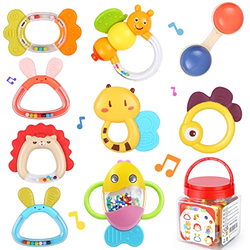 MOONTOY Baby Rattles Teether Set Toys for 0 1 2 3 4 5 6 7 8 9 10 11 12 Month Old Baby Boy Girl, 9PCS Baby Toys Sensory Toys Early Development Newborn Birthday Gifts Infant Toys 0-3-6-12 Month