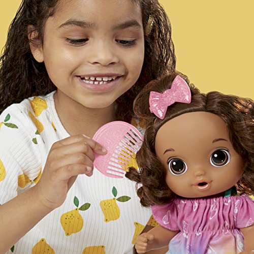 Baby Alive Fruity Sips Doll, Lemon, Toys for 3 Year Old Girls, 12-inch Baby Doll Set, Drinks & Wets, Pretend Juicer, Kids 3 and Up, Brown Hair