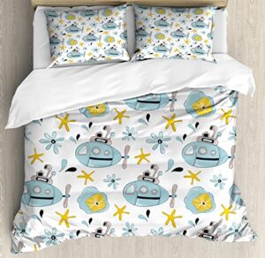 ambesonne underwater duvet cover sets, submarine in the sea with starfish corals oceanic fiction doodle, bedding set with 2 duvet covers 4 pillowcases, 2 pack cal king size, cadet blue earth yellow