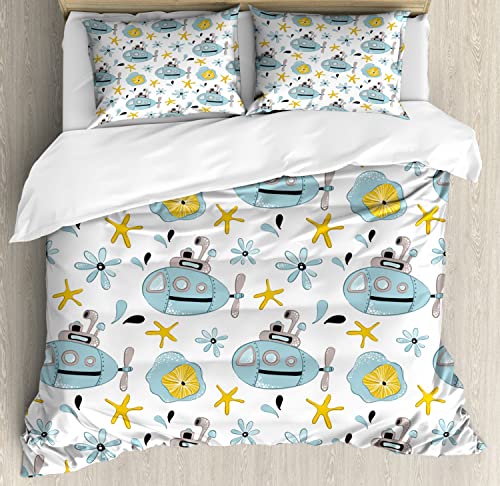 Ambesonne Underwater Duvet Cover Sets, Submarine in The Sea with Starfish Corals Oceanic Fiction Doodle, Bedding Set with 2 Duvet Covers 4 Pillowcases, 2 Pack Cal King Size, Cadet Blue Earth Yellow